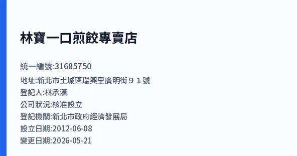 林寶一口煎餃專賣店的照片-統編 31685750(新北市) 公司登記資料與營業項目詳細圖表