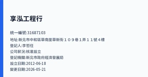 享泓工程行的照片-統編 31687103(新北市) 公司登記資料與營業項目詳細圖表