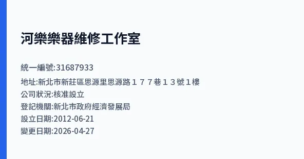 河樂樂器維修工作室的照片-統編 31687933(新北市) 公司登記資料與營業項目詳細圖表