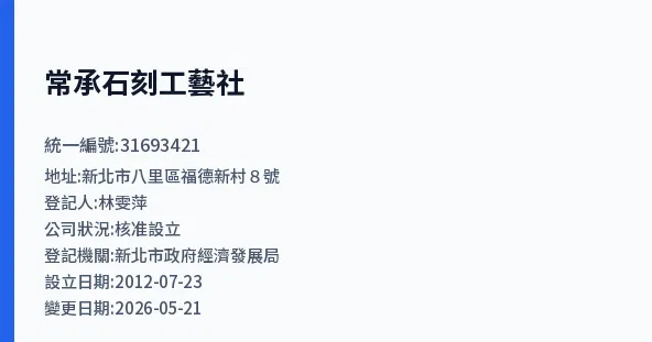 常承石刻工藝社的照片-統編 31693421(新北市) 公司登記資料與營業項目詳細圖表