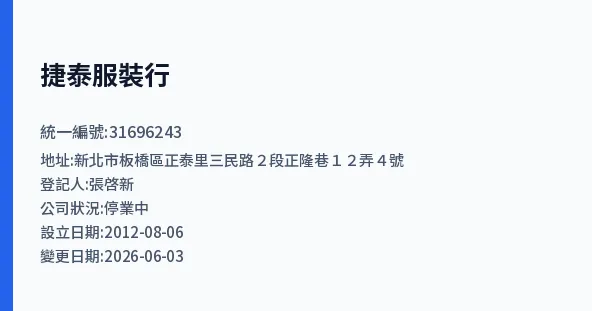 捷泰服裝行的照片-統編 31696243(新北市) 公司登記資料與營業項目詳細圖表
