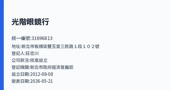 光階眼鏡行的照片-統編 31696813(新北市) 公司登記資料與營業項目詳細圖表
