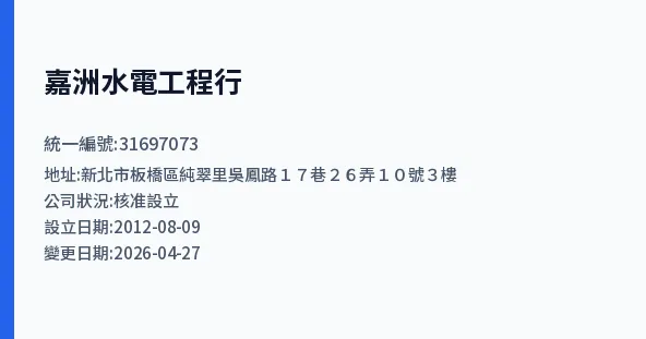 嘉洲水電工程行的照片-統編 31697073(新北市) 公司登記資料與營業項目詳細圖表