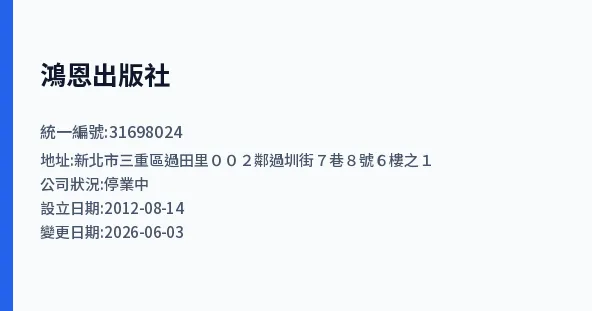 鴻恩出版社的照片-統編 31698024(新北市) 公司登記資料與營業項目詳細圖表