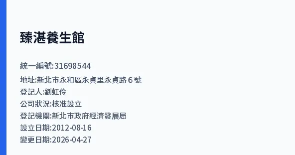 臻湛養生館的照片-統編 31698544(新北市) 公司登記資料與營業項目詳細圖表