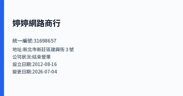 婷婷網路商行的照片-統編 31698657(新北市) 公司登記資料與營業項目詳細圖表