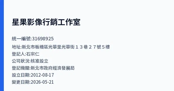 星果影像行銷工作室的照片-統編 31698925(新北市) 公司登記資料與營業項目詳細圖表