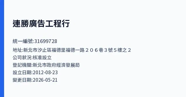 連勝廣告工程行的照片-統編 31699728(新北市) 公司登記資料與營業項目詳細圖表