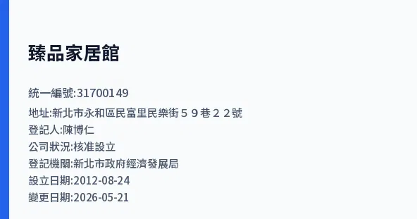 臻品家居館的照片-統編 31700149(新北市) 公司登記資料與營業項目詳細圖表