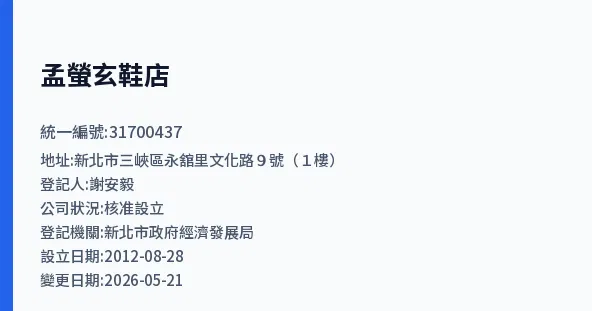 孟螢玄鞋店的照片-統編 31700437(新北市) 公司登記資料與營業項目詳細圖表