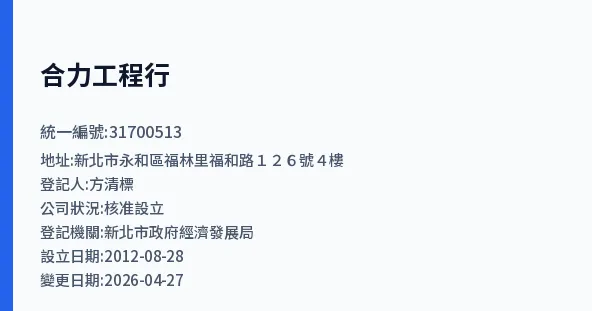 合力工程行的照片-統編 31700513(新北市) 公司登記資料與營業項目詳細圖表
