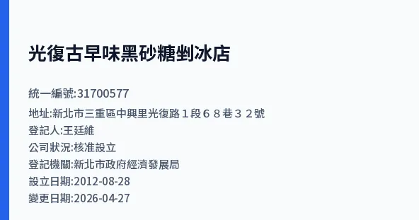 光復古早味黑砂糖剉冰店的照片-統編 31700577(新北市) 公司登記資料與營業項目詳細圖表