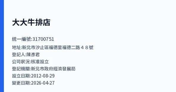 大大牛排店的照片-統編 31700751(新北市) 公司登記資料與營業項目詳細圖表