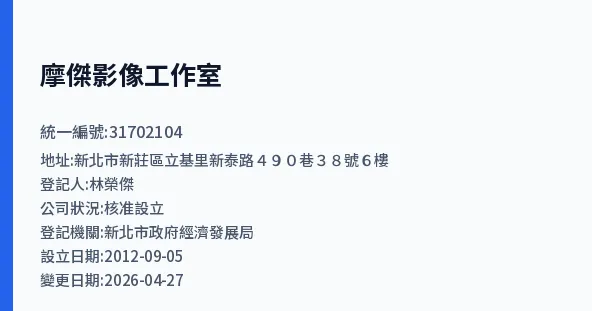 摩傑影像工作室的照片-統編 31702104(新北市) 公司登記資料與營業項目詳細圖表