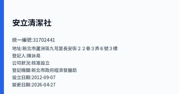 安立清潔社的照片-統編 31702441(新北市) 公司登記資料與營業項目詳細圖表