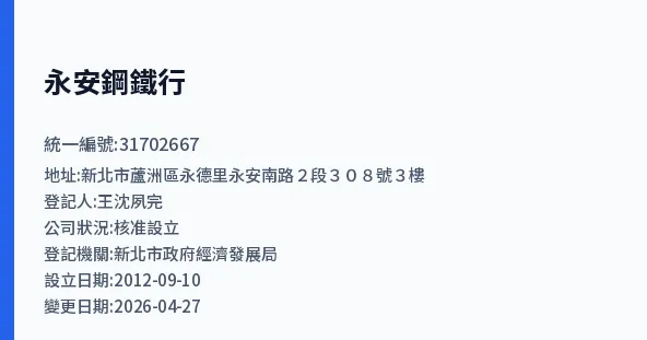 永安鋼鐵行的照片-統編 31702667(新北市) 公司登記資料與營業項目詳細圖表