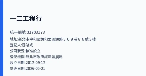 一二工程行的照片-統編 31703173(新北市) 公司登記資料與營業項目詳細圖表