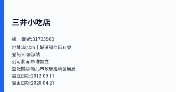 三井小吃店的照片-統編 31703960(新北市) 公司登記資料與營業項目詳細圖表