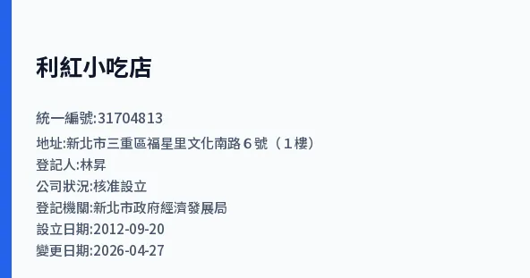 利紅小吃店的照片-統編 31704813(新北市) 公司登記資料與營業項目詳細圖表