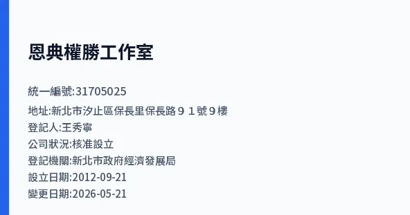 恩典權勝工作室的照片-統編 31705025(新北市) 公司登記資料與營業項目詳細圖表