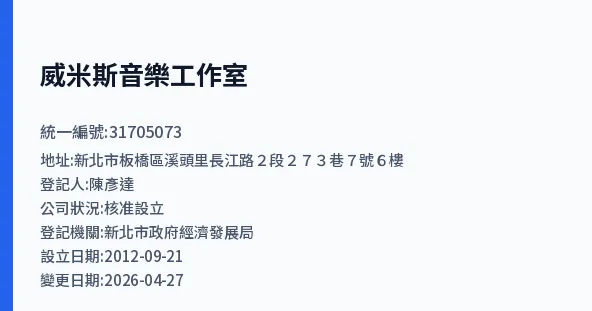 威米斯音樂工作室的照片-統編 31705073(新北市) 公司登記資料與營業項目詳細圖表