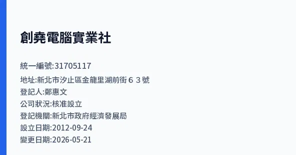 創堯電腦實業社的照片-統編 31705117(新北市) 公司登記資料與營業項目詳細圖表