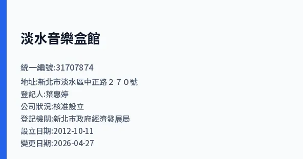 淡水音樂盒館的照片-統編 31707874(新北市) 公司登記資料與營業項目詳細圖表