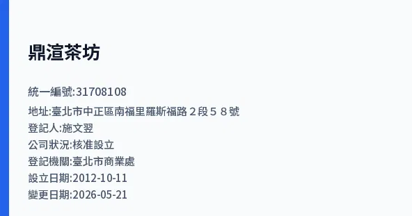 鼎渲茶坊的照片-統編 31708108(臺北市) 公司登記資料與營業項目詳細圖表