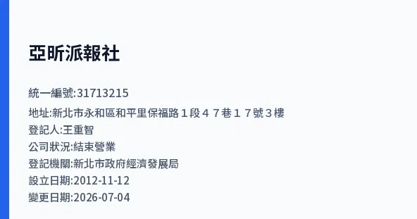 亞昕派報社的照片-統編 31713215(新北市) 公司登記資料與營業項目詳細圖表