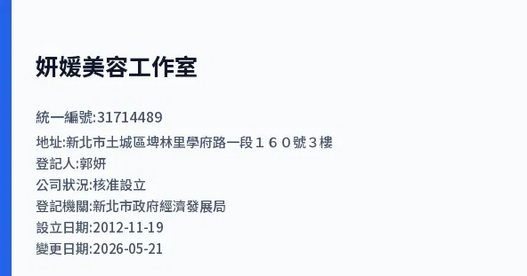 妍媛美容工作室的照片-統編 31714489(新北市) 公司登記資料與營業項目詳細圖表