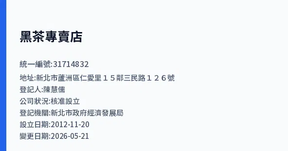 黑茶專賣店的照片-統編 31714832(新北市) 公司登記資料與營業項目詳細圖表