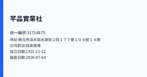 芊品實業社的照片-統編 31714875(新北市) 公司登記資料與營業項目詳細圖表