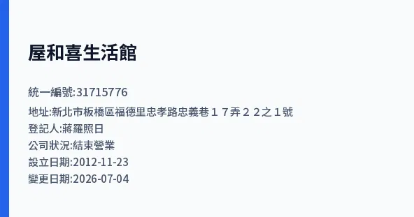 屋和喜生活館的照片-統編 31715776(新北市) 公司登記資料與營業項目詳細圖表