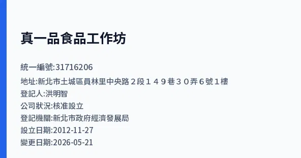 真一品食品工作坊的照片-統編 31716206(新北市) 公司登記資料與營業項目詳細圖表