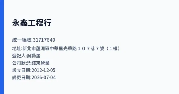 永鑫工程行的照片-統編 31717649(新北市) 公司登記資料與營業項目詳細圖表