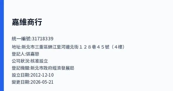 嘉維商行的照片-統編 31718339(新北市) 公司登記資料與營業項目詳細圖表