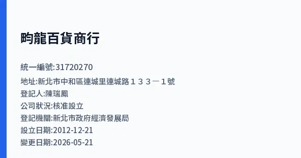 畇龍百貨商行的照片-統編 31720270(新北市) 公司登記資料與營業項目詳細圖表
