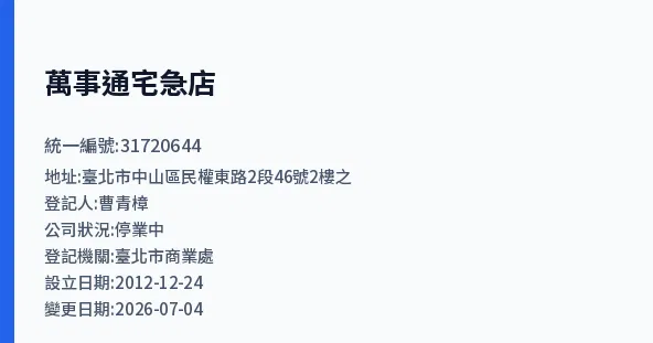 萬事通宅急店的照片-統編 31720644(臺北市) 公司登記資料與營業項目詳細圖表
