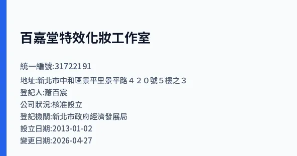 百嘉堂特效化妝工作室的照片-統編 31722191(新北市) 公司登記資料與營業項目詳細圖表