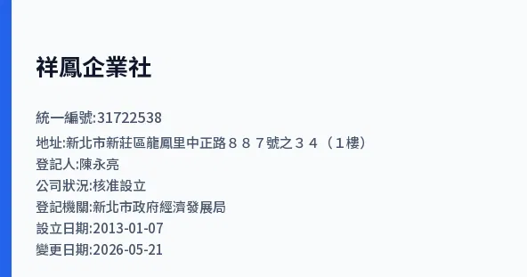 祥鳳企業社的照片-統編 31722538(新北市) 公司登記資料與營業項目詳細圖表