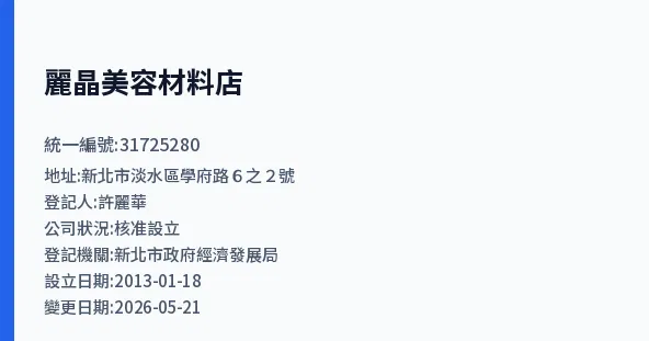 麗晶美容材料店的照片-統編 31725280(新北市) 公司登記資料與營業項目詳細圖表