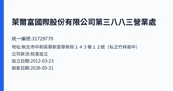 萊爾富國際股份有限公司第三八八三營業處的照片-統編 31729770(新北市) 公司登記資料與營業項目詳細圖表