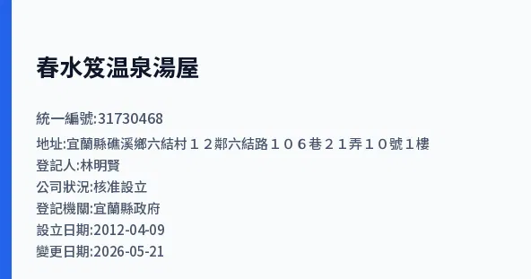 春水笈温泉湯屋的照片-統編 31730468(宜蘭縣) 公司登記資料與營業項目詳細圖表