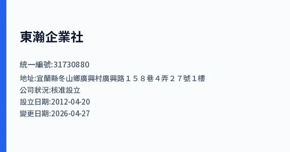 東瀚企業社的照片-統編 31730880(宜蘭縣) 公司登記資料與營業項目詳細圖表