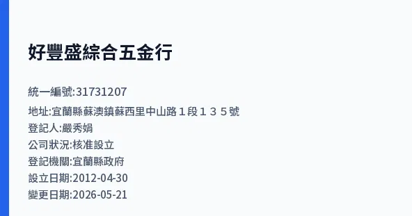 好豐盛綜合五金行的照片-統編 31731207(宜蘭縣) 公司登記資料與營業項目詳細圖表