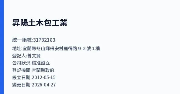 昇陽土木包工業的照片-統編 31732183(宜蘭縣) 公司登記資料與營業項目詳細圖表