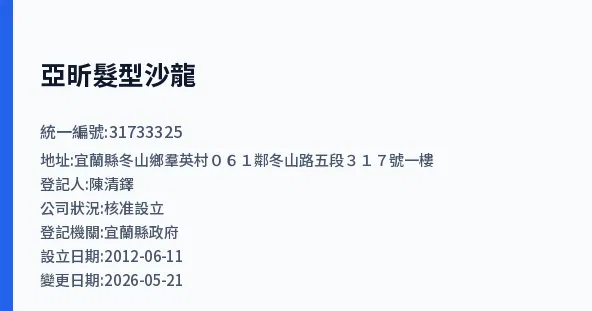 亞昕髮型沙龍的照片-統編 31733325(宜蘭縣) 公司登記資料與營業項目詳細圖表