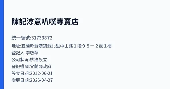 陳記涼意叭噗專賣店的照片-統編 31733872(宜蘭縣) 公司登記資料與營業項目詳細圖表