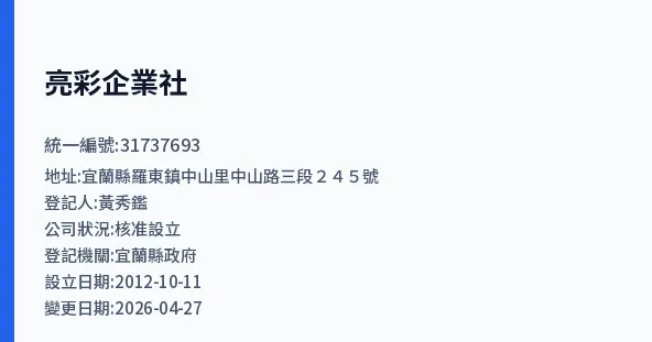 亮彩企業社的照片-統編 31737693(宜蘭縣) 公司登記資料與營業項目詳細圖表