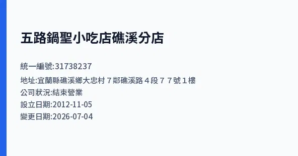 五路鍋聖小吃店礁溪分店的照片-統編 31738237(宜蘭縣) 公司登記資料與營業項目詳細圖表